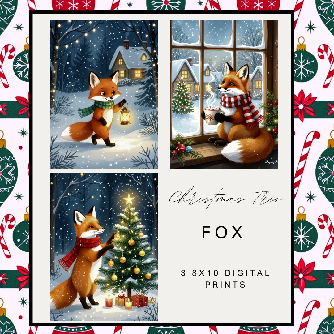 Christmas Fox Trio Prints, Vintage Watercolor Nursery Art (digital ...