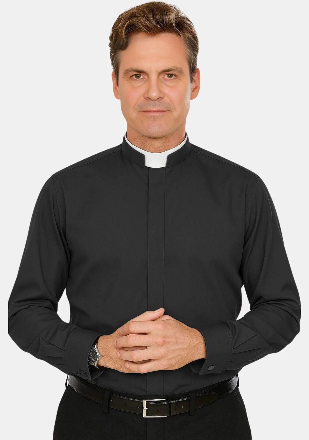 Men’s Black Clergy Shirt | Roman Tonsure Collar, French Cuffs - Etsy