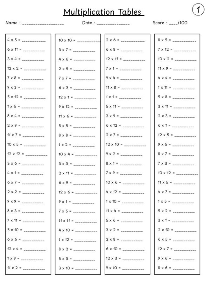 5 X 100 Mixed Multiplications Worksheet - Etsy