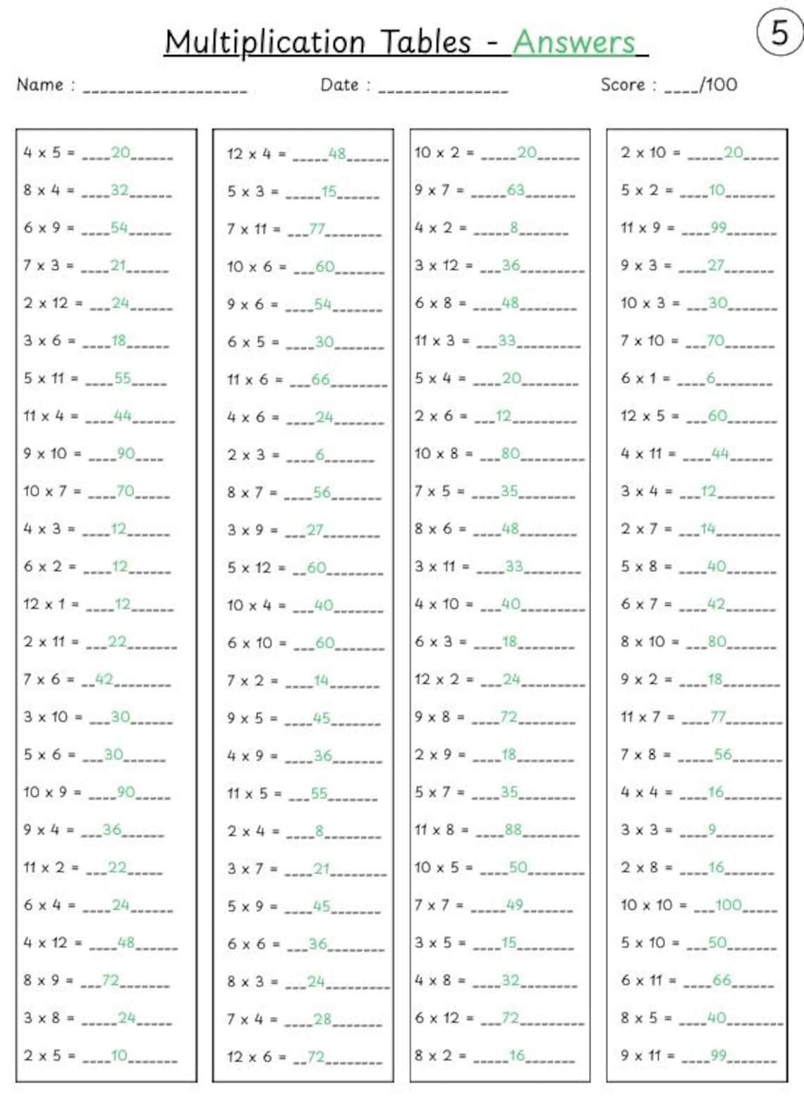 5 X 100 Mixed Multiplications Worksheet - Etsy