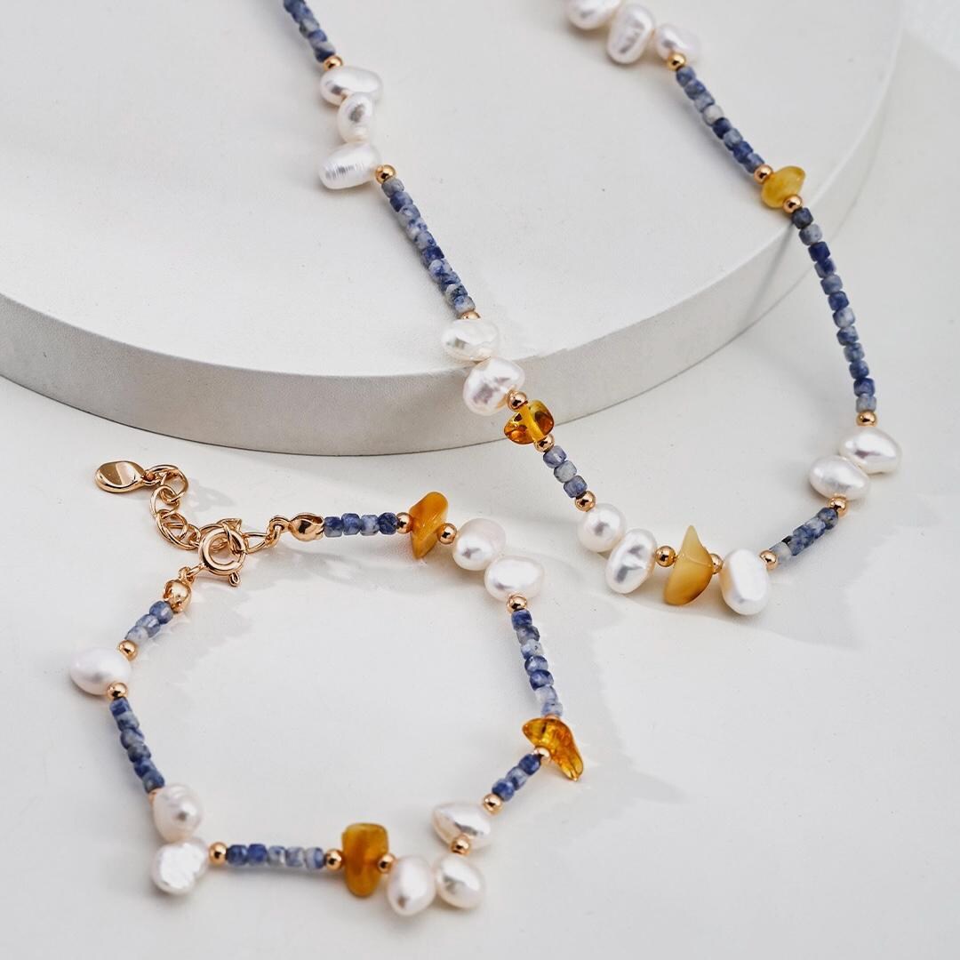Natural Pearl Blue Stone Amber Necklace – S925 Sterling Silver Retro ...