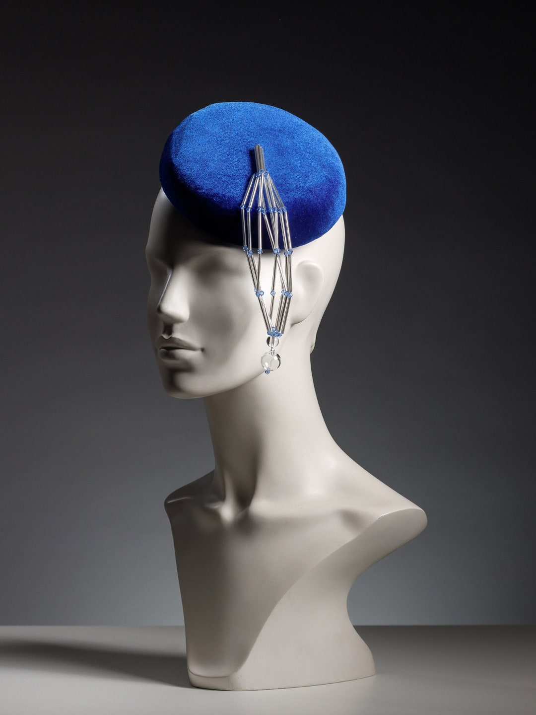 Sapphire Blue, Royal Blue Round Pillbox Hat With Silver Dangles,small ...