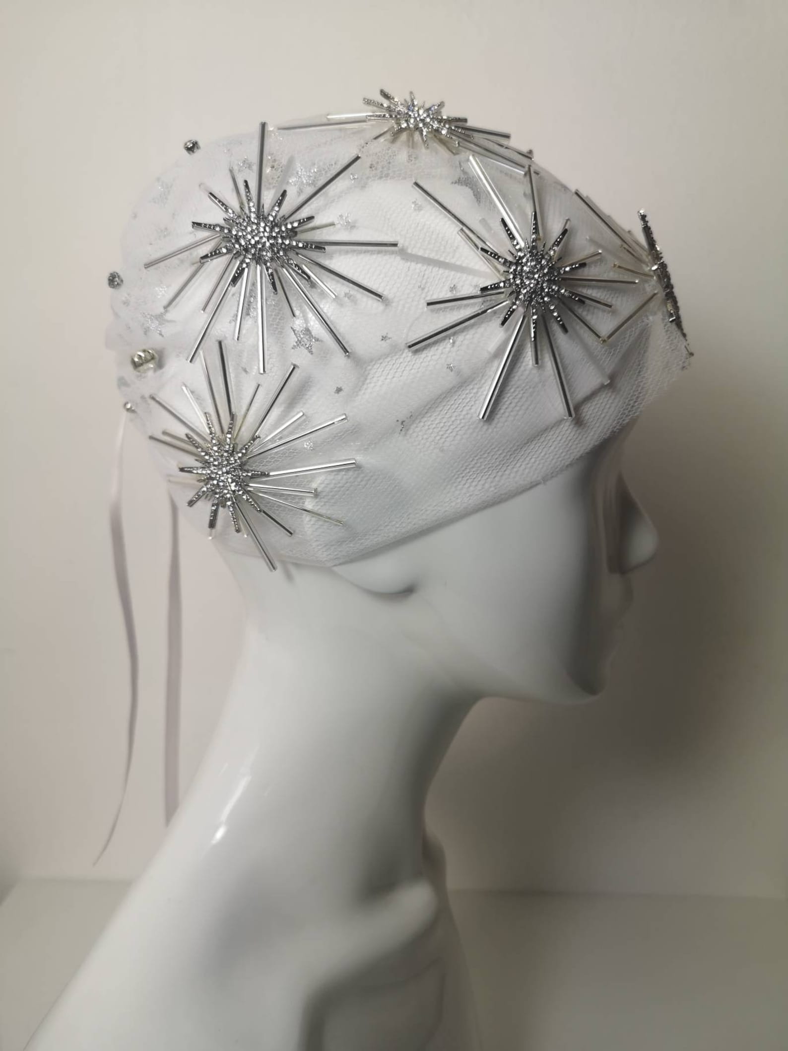 Flapper Style Cap Diamonties Embroidered Celestial Tulle Cap | Etsy