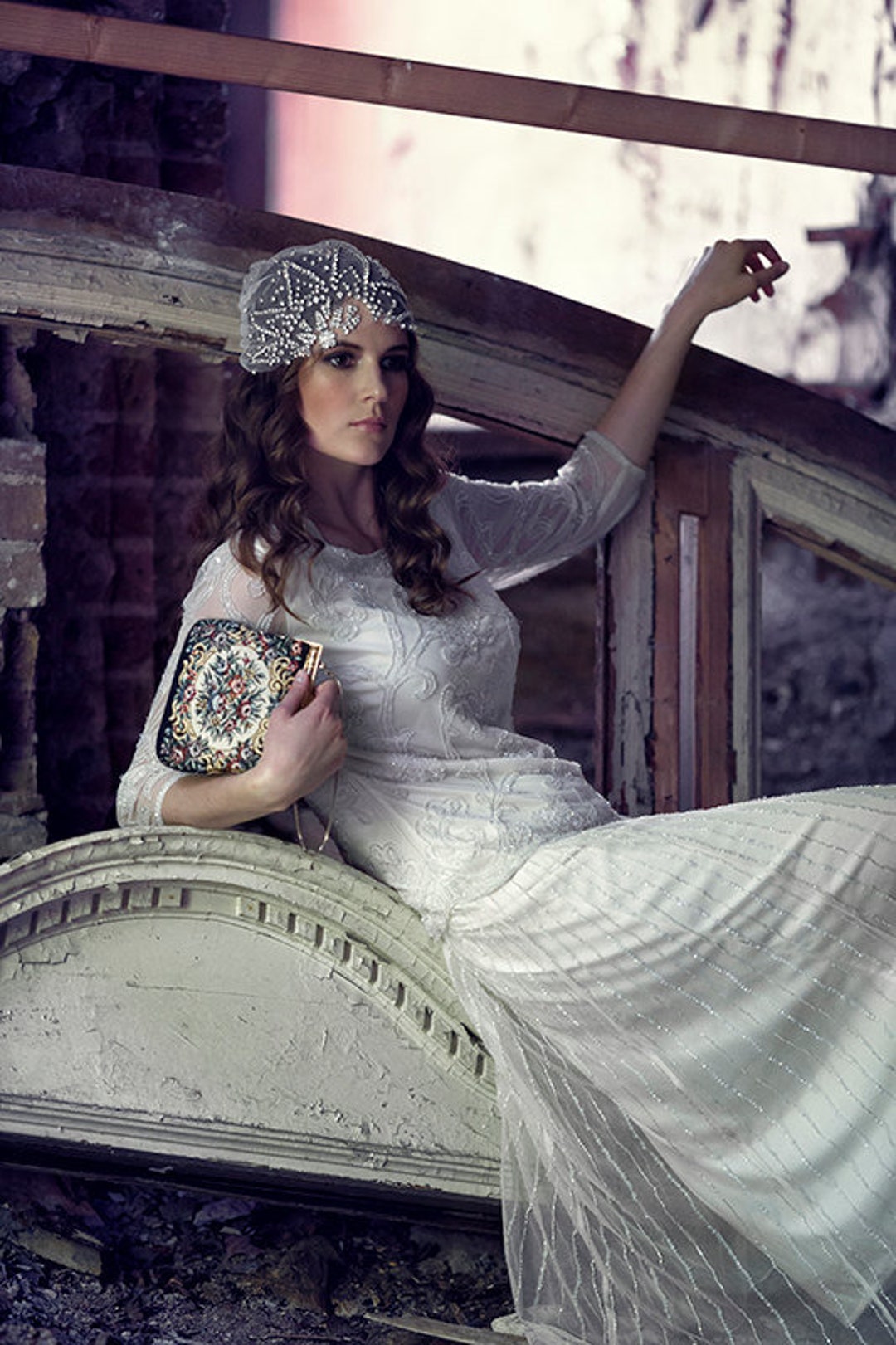 20's Inspired Beaded Tulle Juliet Style Cap, Ivory Tulle Cap, Art Deco ...