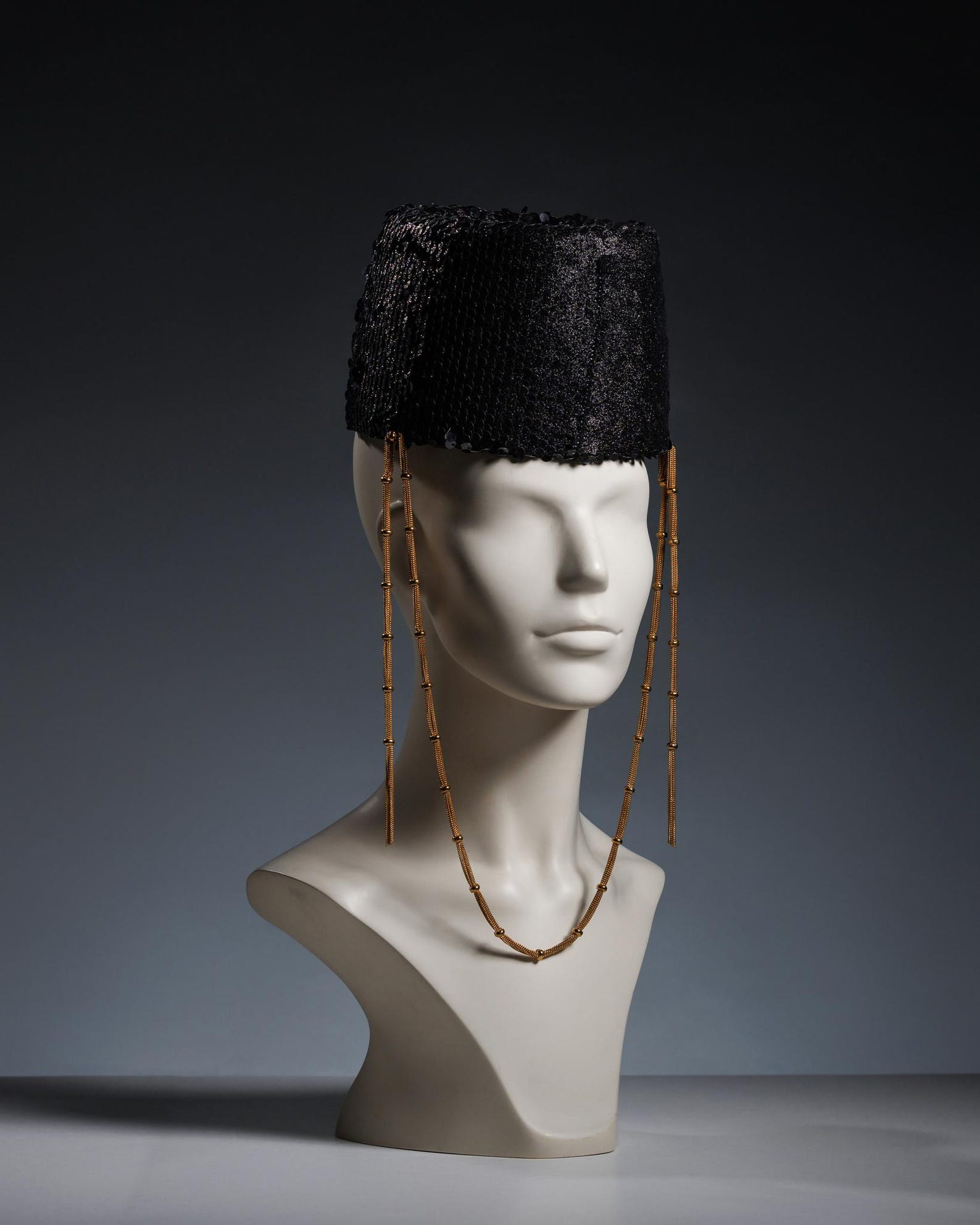 Black Sequin Fez Hat With Gold Bamboo Chain, Artistic and Elegant ...