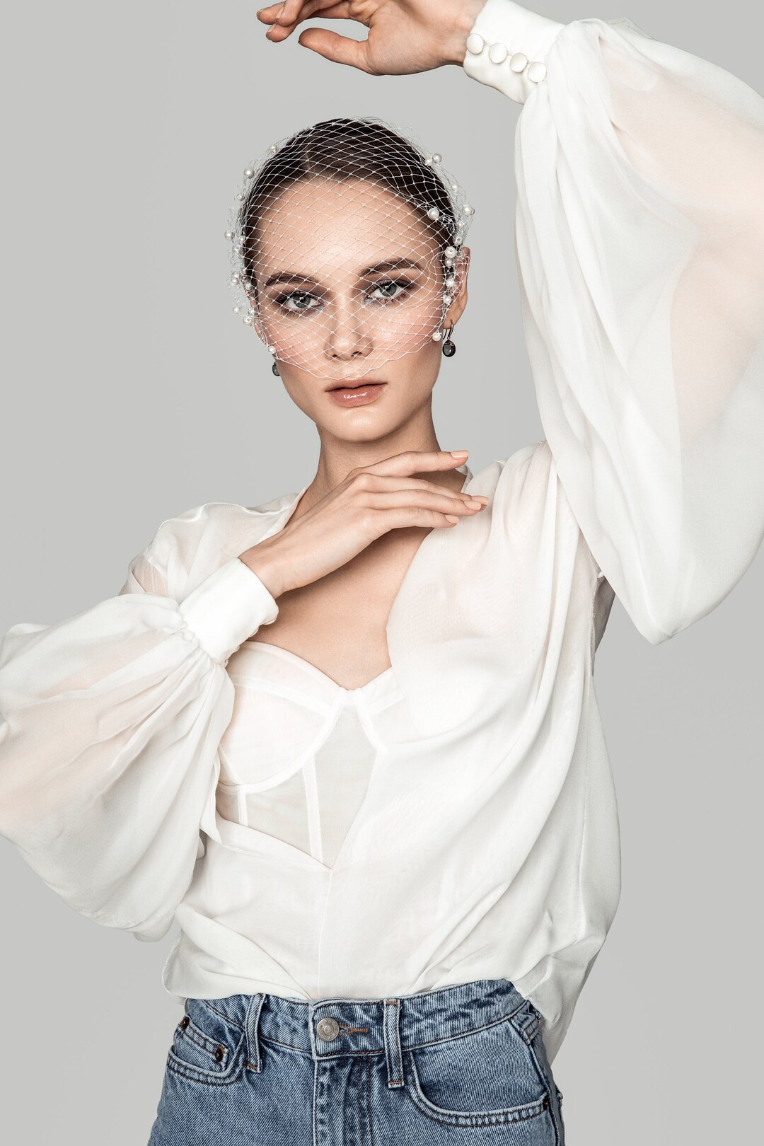 Classic White Birdcage With Pearls, Bridal Veil With Pearls, Wedding ...