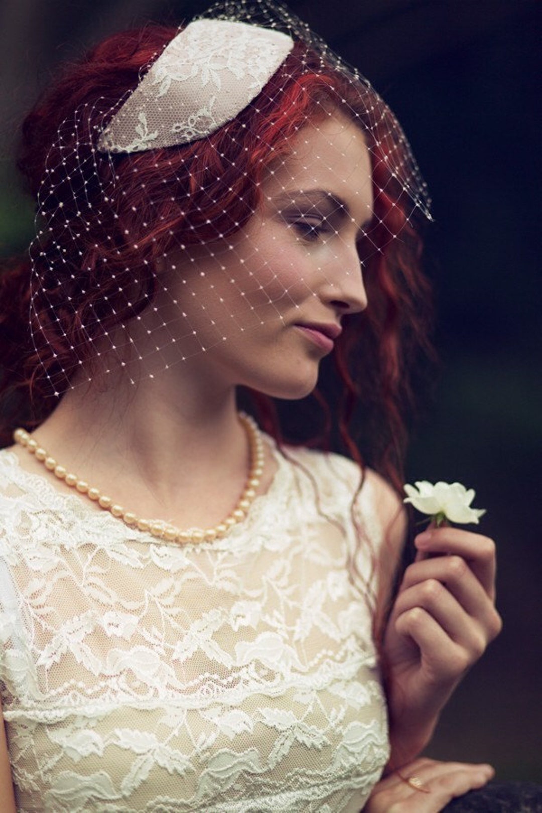 Bridal Vintage Inspired French Lace Side Headpiece on Dusky Pink With ...