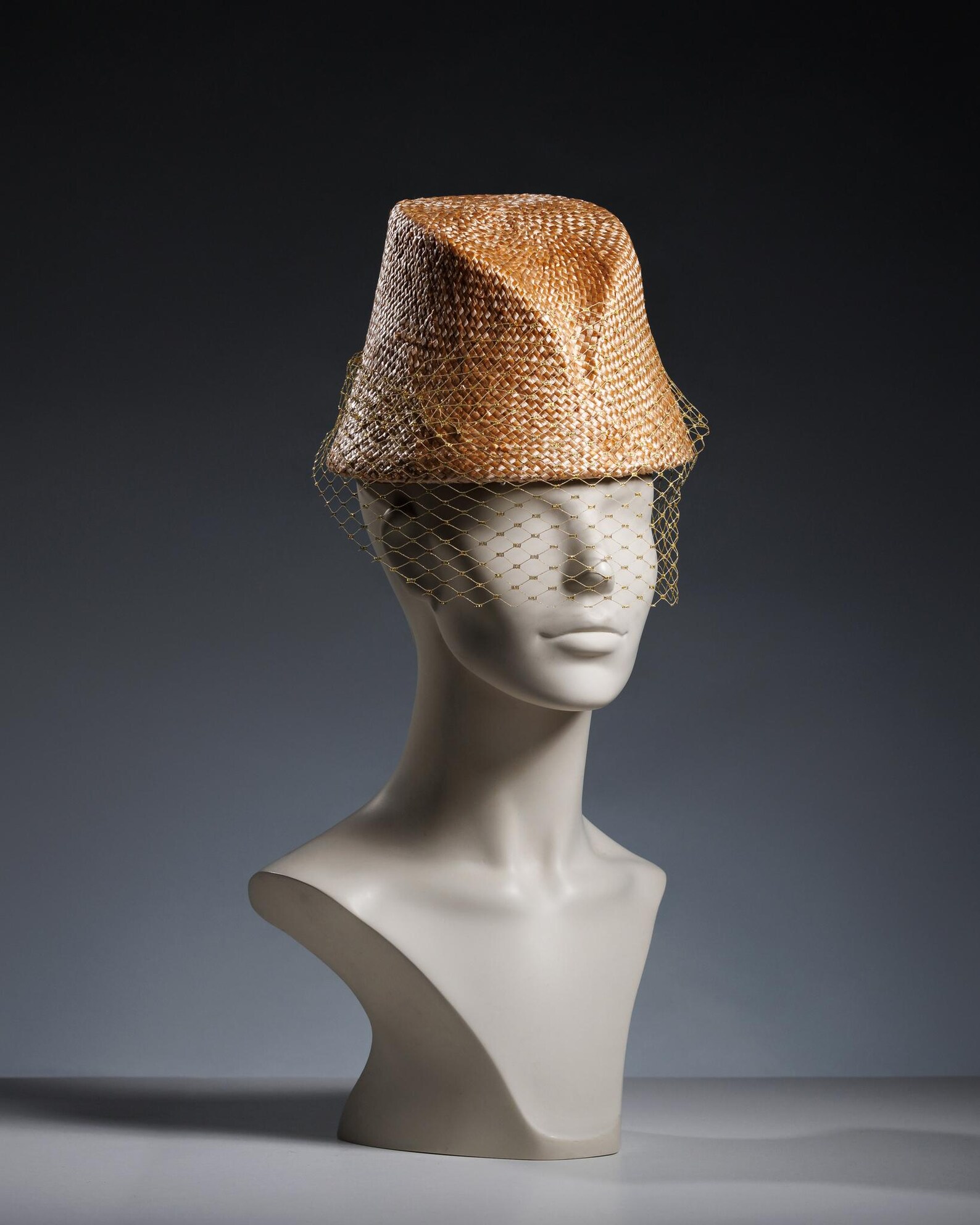Vintage-inspired Straw Pillbox Hat With Veil, Geometric Sculpted ...