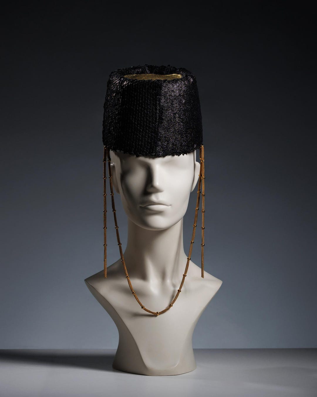 Black Sequin Fez Hat With Gold Bamboo Chain, Artistic and Elegant ...