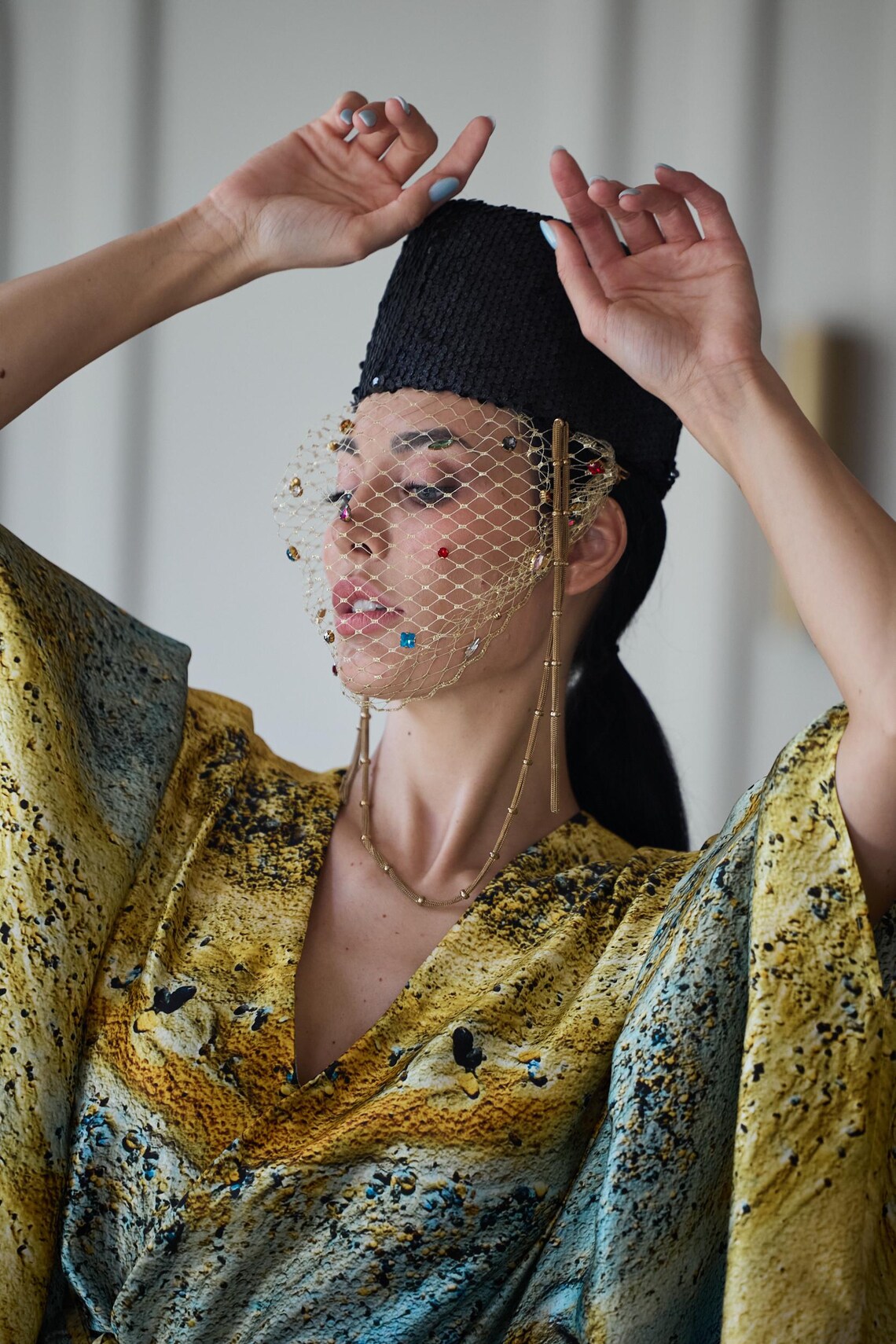 Black Sequin Fez Hat With Gold Bamboo Chain, Artistic and Elegant ...
