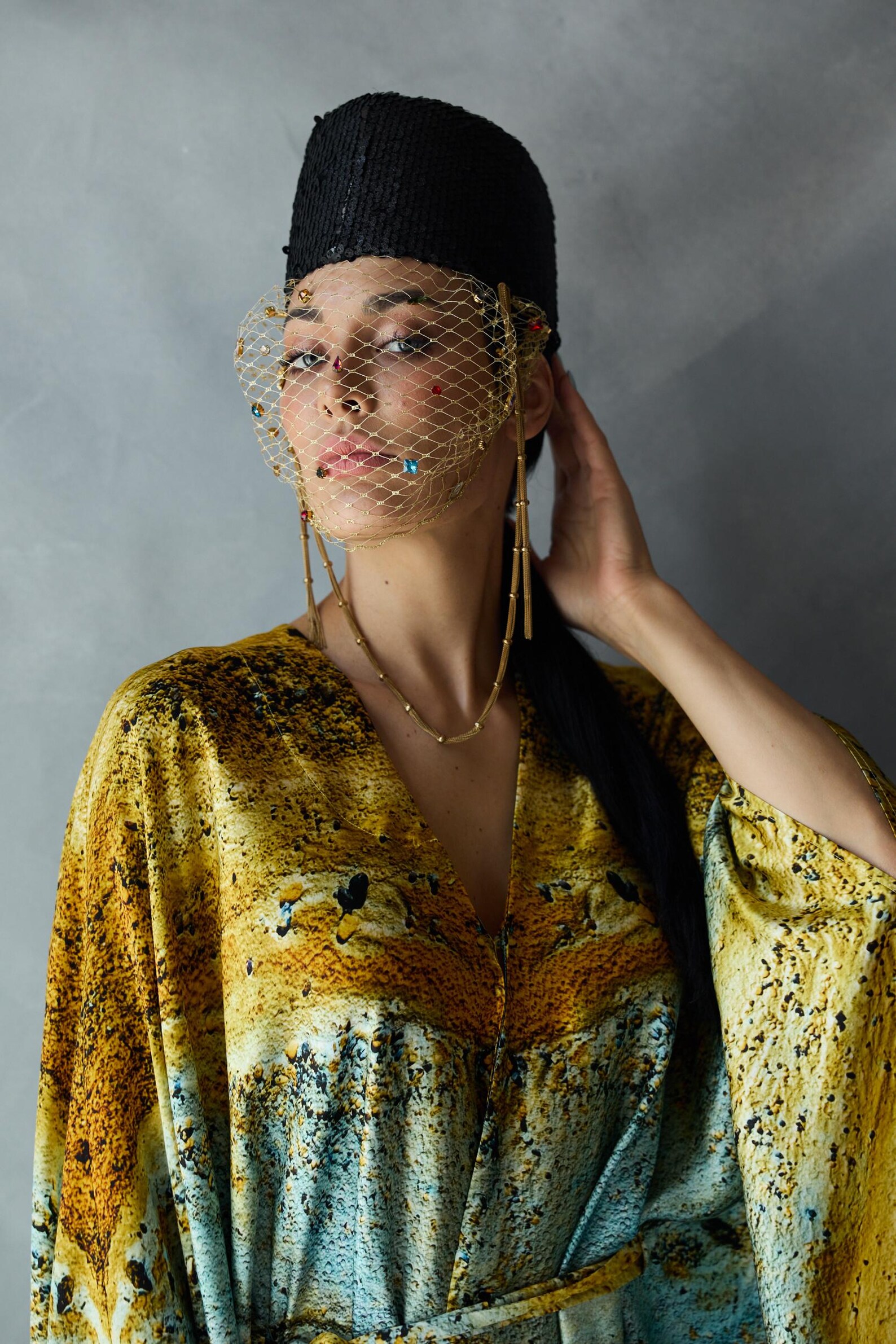 Black Sequin Fez Hat With Gold Bamboo Chain, Artistic and Elegant ...