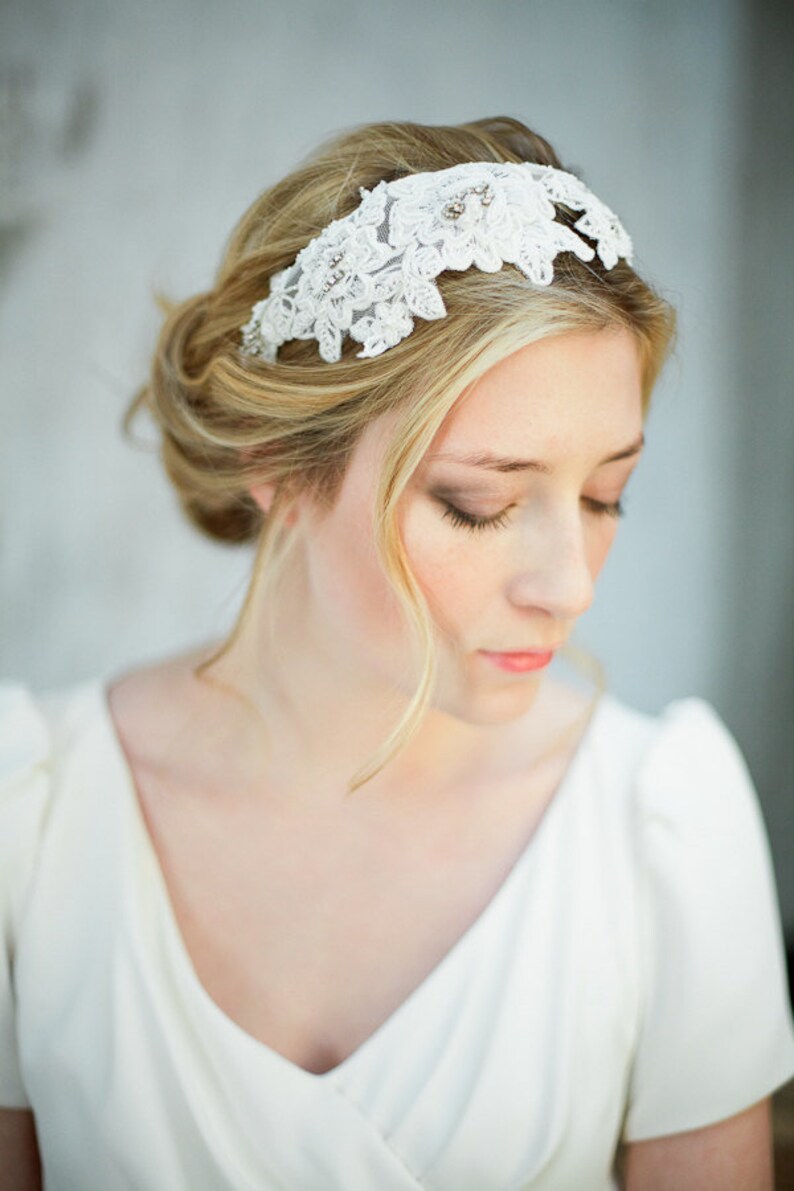 Hand Embroidered and Beaded Lace Head Band for a Bride - Etsy