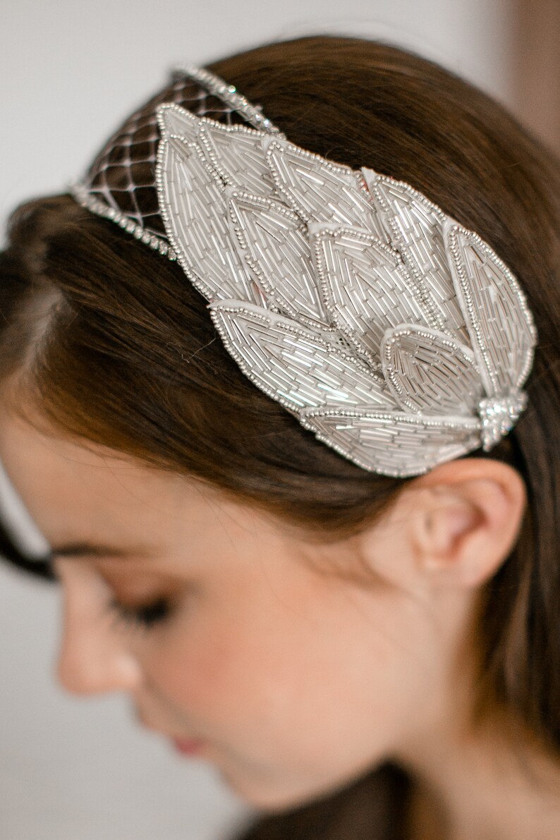 Gatsby Style Headpiece With Embroidered Leaves, Feathers, Art Deco ...
