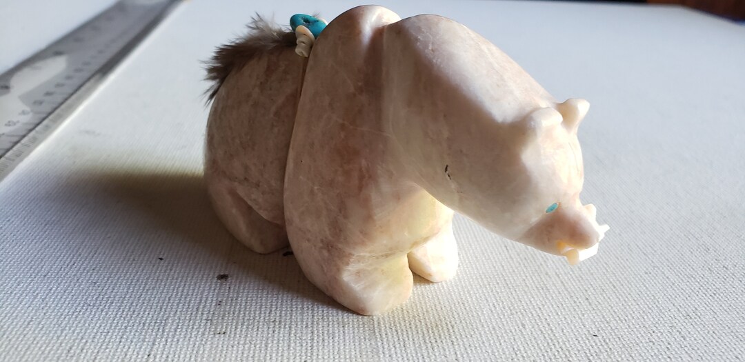 Hand Carved Stone Bear Fetish Fish in Mouth Feathers Excellent ...