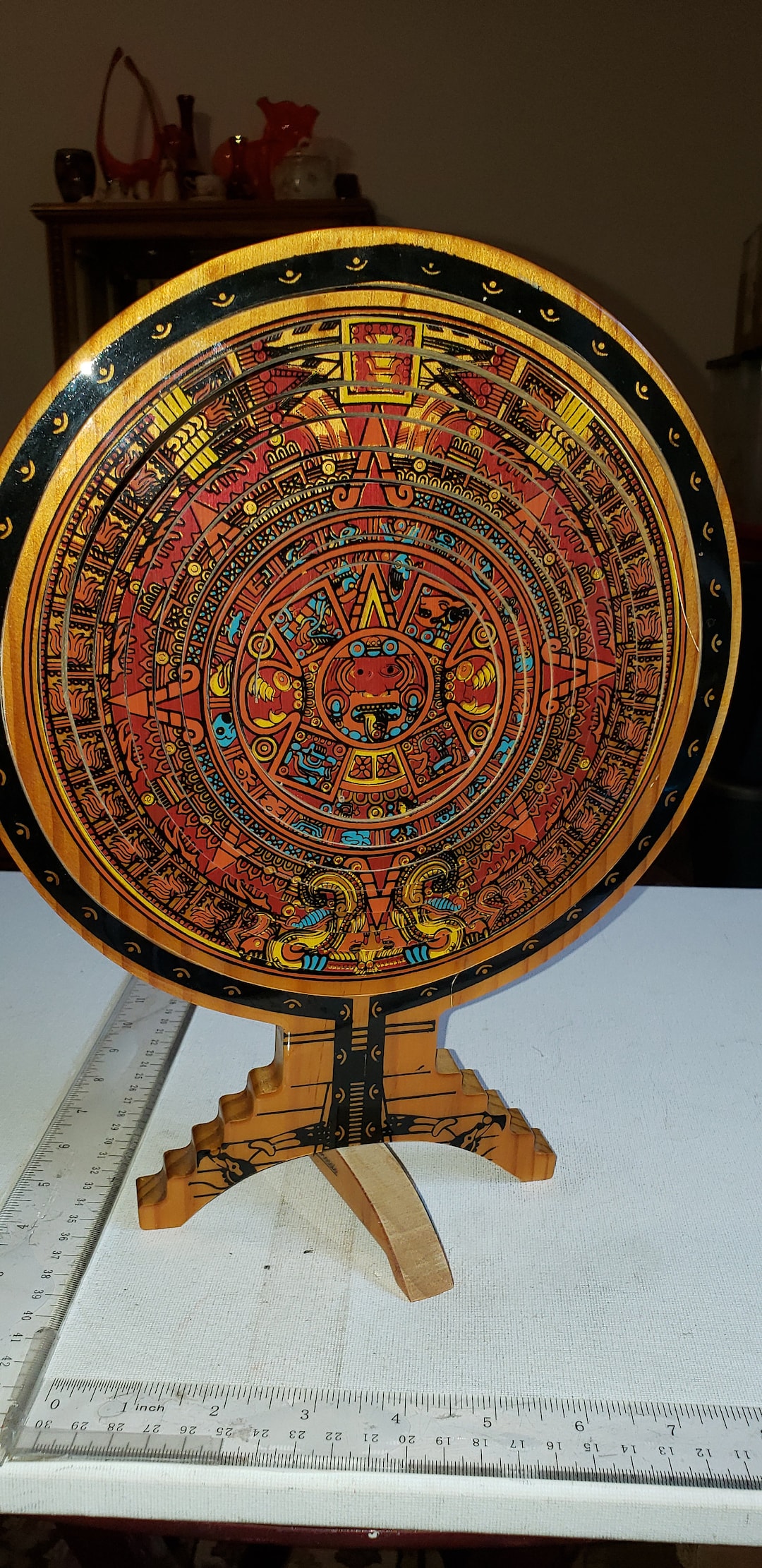 Wooden Hand Made Mayan Calander Basket Table Decor Excellent Condition ...