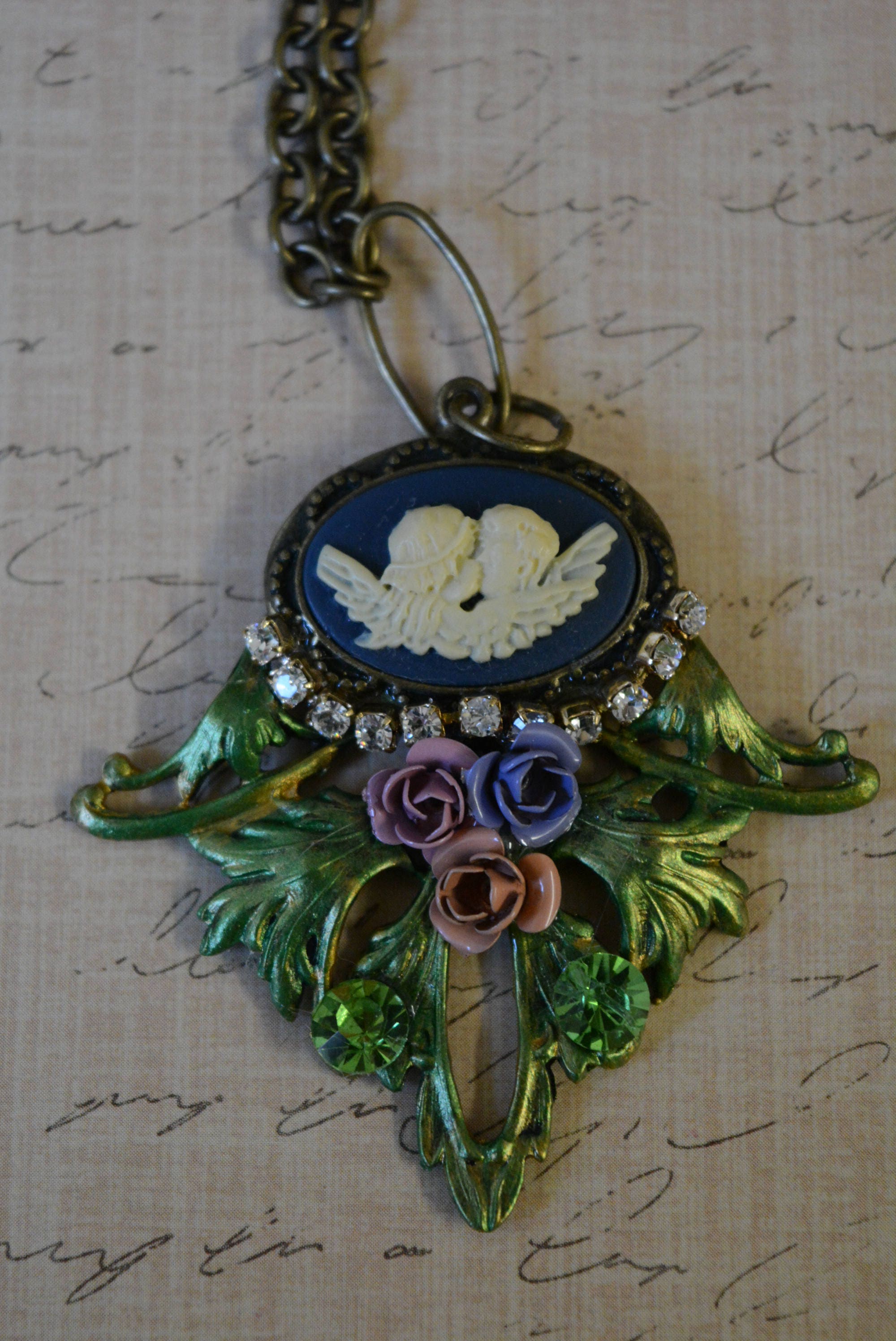 24 in Necklace Hand Painted Angel Cameo Green Rhinestones Tiny | Etsy