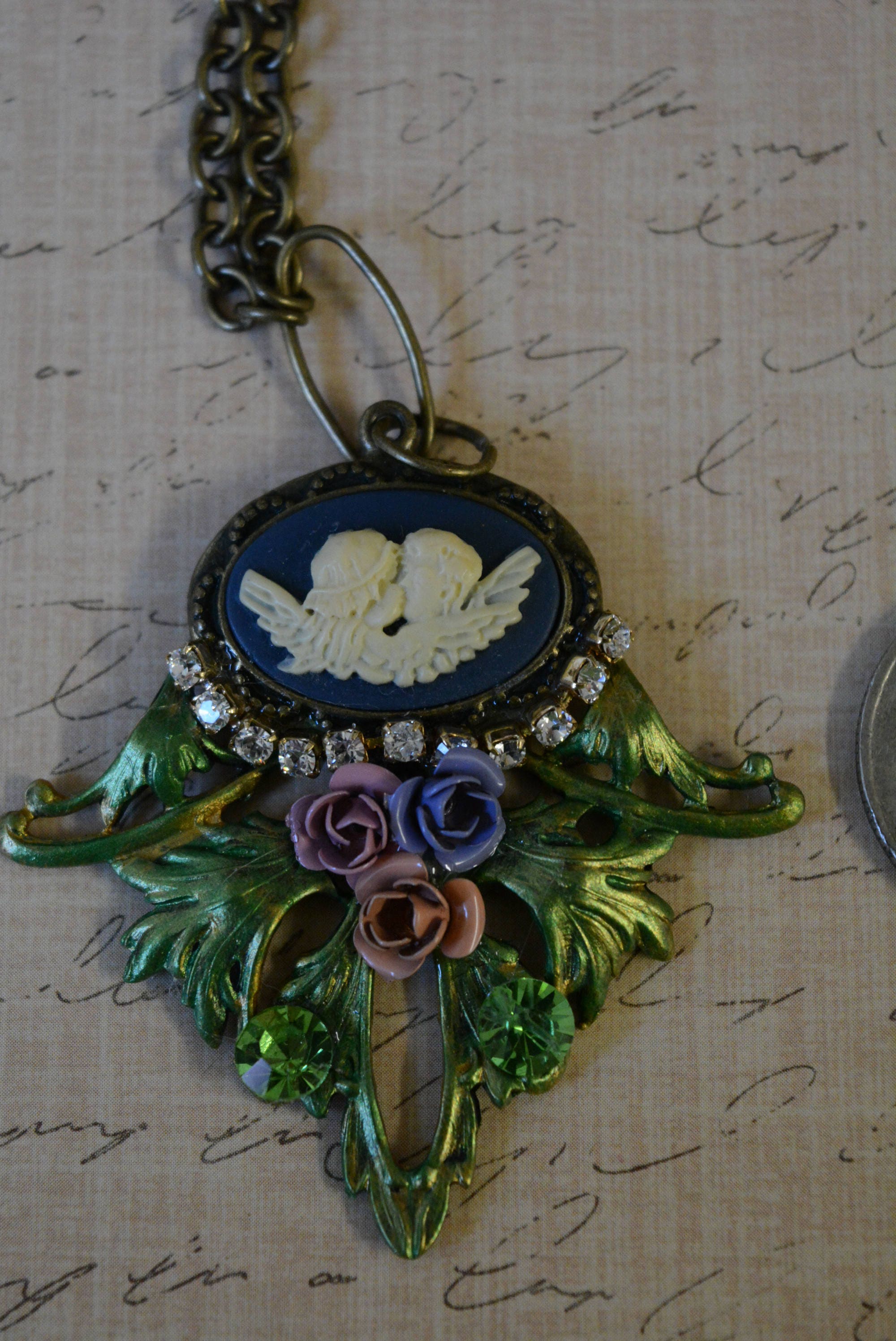 24 in Necklace Hand Painted Angel Cameo Green Rhinestones Tiny | Etsy