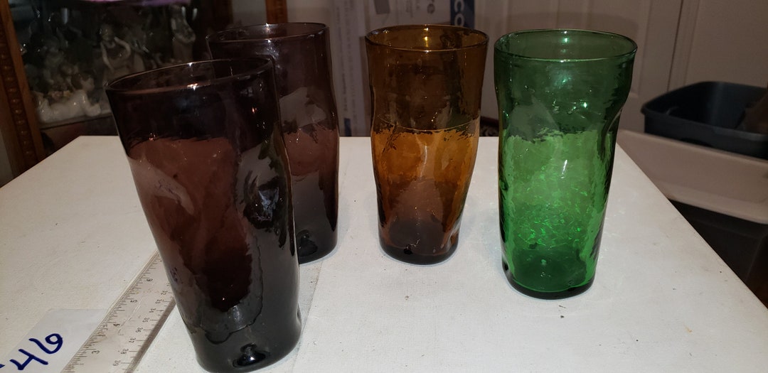 Set of 4 Dimpled Tall Hand Blown Drinking Glasses Excellent Condition ...