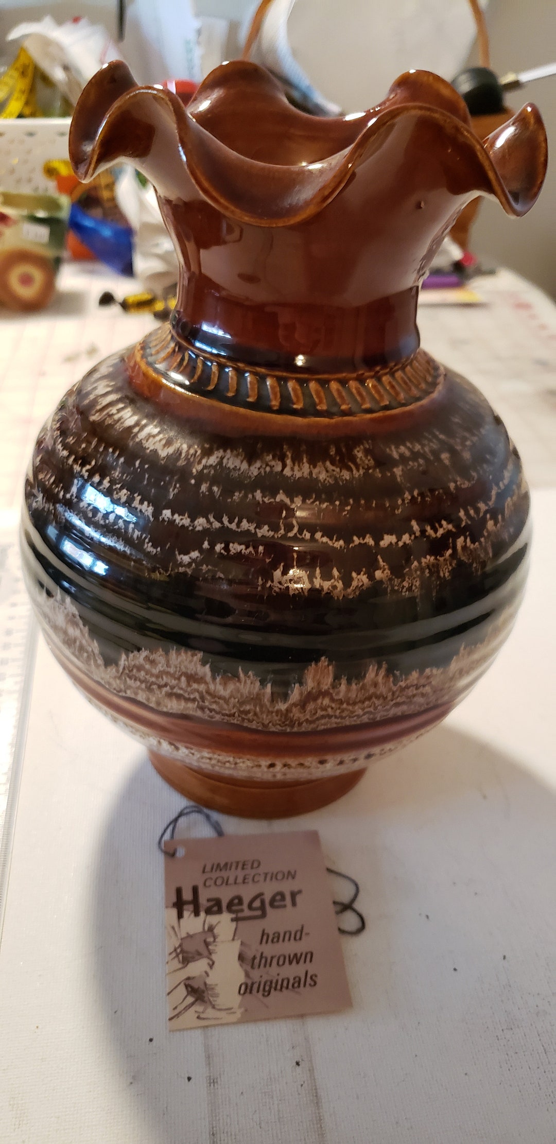 Vintage Haeger Hand Thrown Vase Ruffled Edge Original Tag Marked ...