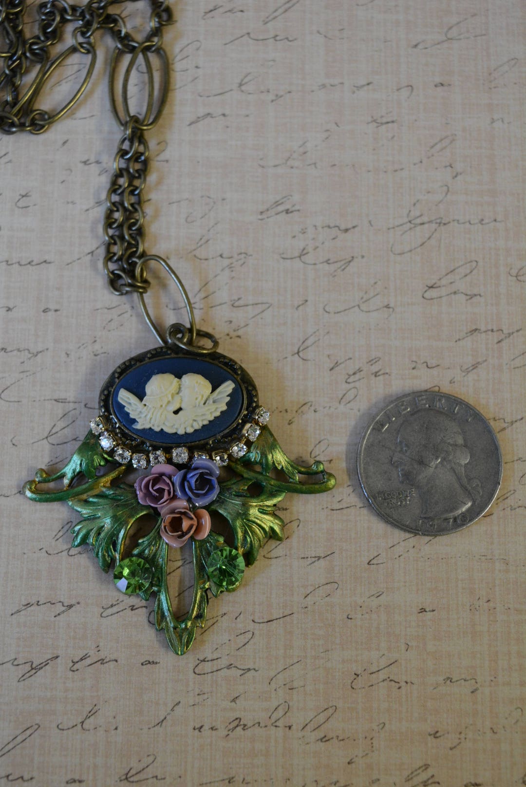 24 in Necklace Hand Painted Angel Cameo Green Rhinestones Tiny Flowers ...