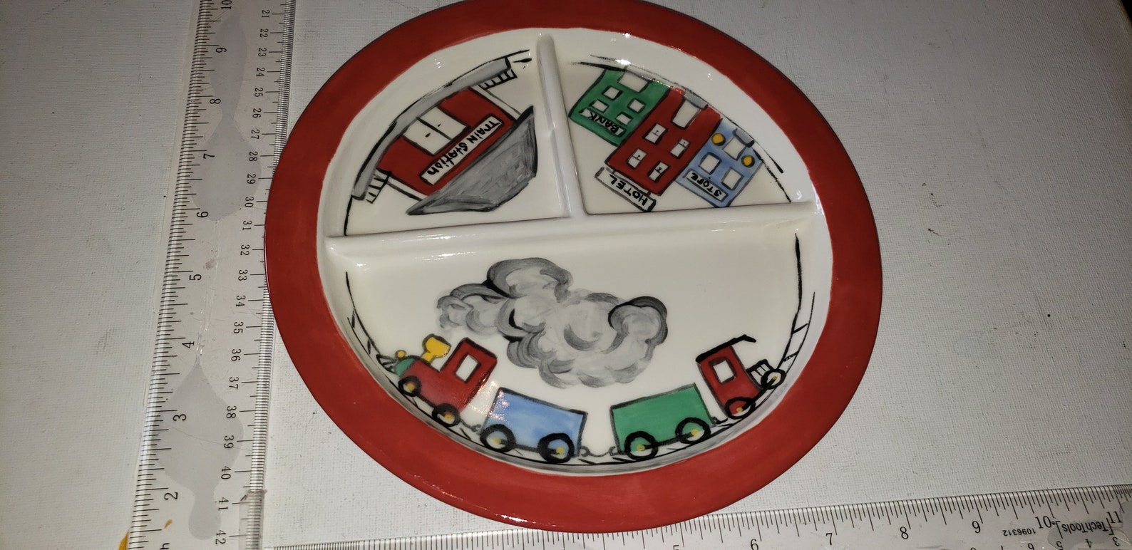 Child Plate Hand Painted Trains Chip on Edge Good Condition Signed - Etsy