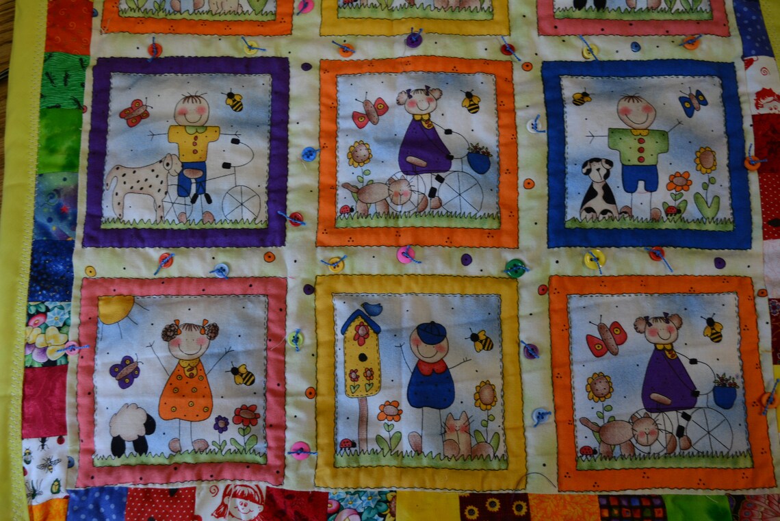 Doll quilt panel with squares of children patchwork edging | Etsy