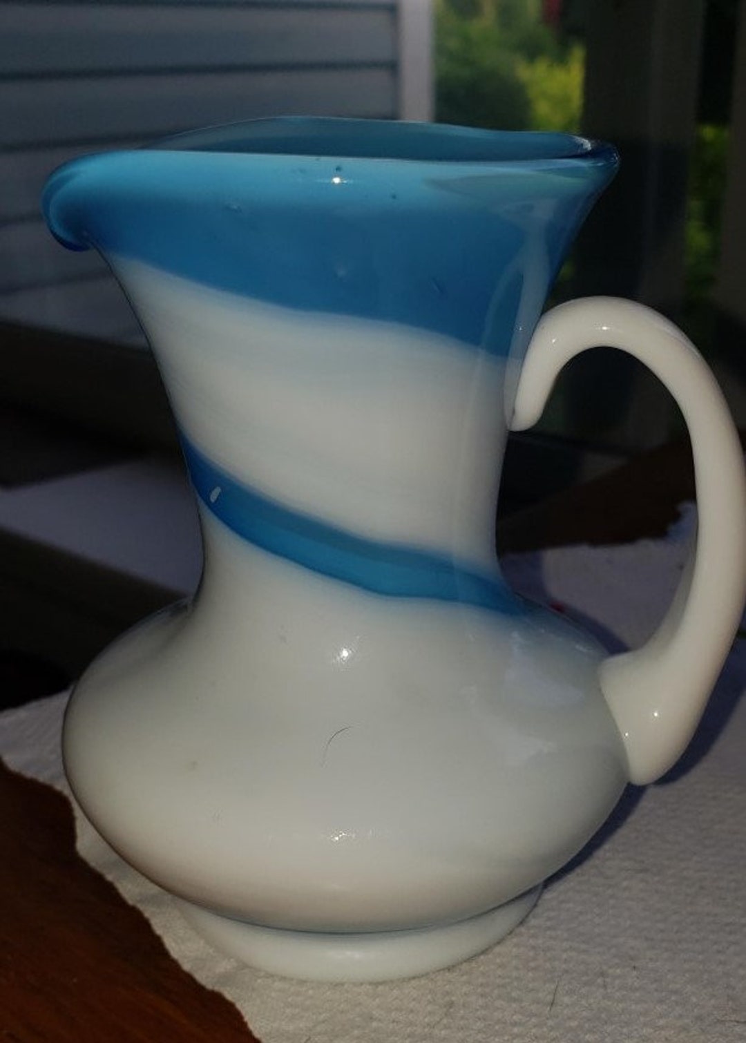 Vintage Slag Glass Pitcher Creamer White Blue Swirl Excellent Condition ...