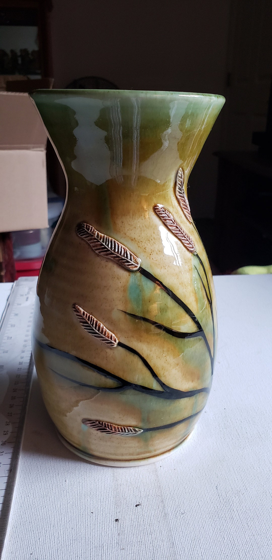 Large Art Pottery Vase Wheat or Cat Tails Marked on Bottom Excellent ...
