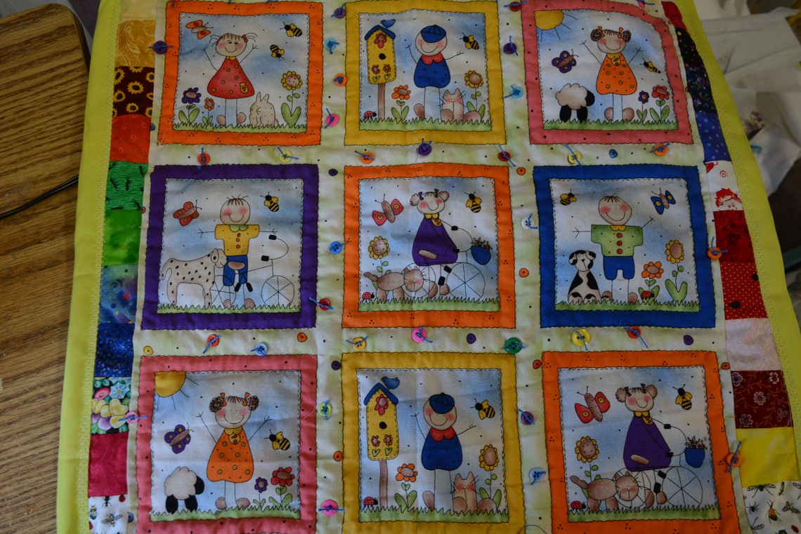 Doll Quilt Panel With Squares of Children Patchwork Edging Multi Color ...