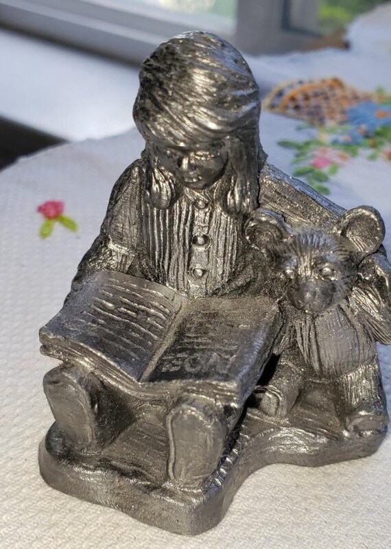 Michael Ricker pewter girl reading Gift of Love excellent | Etsy