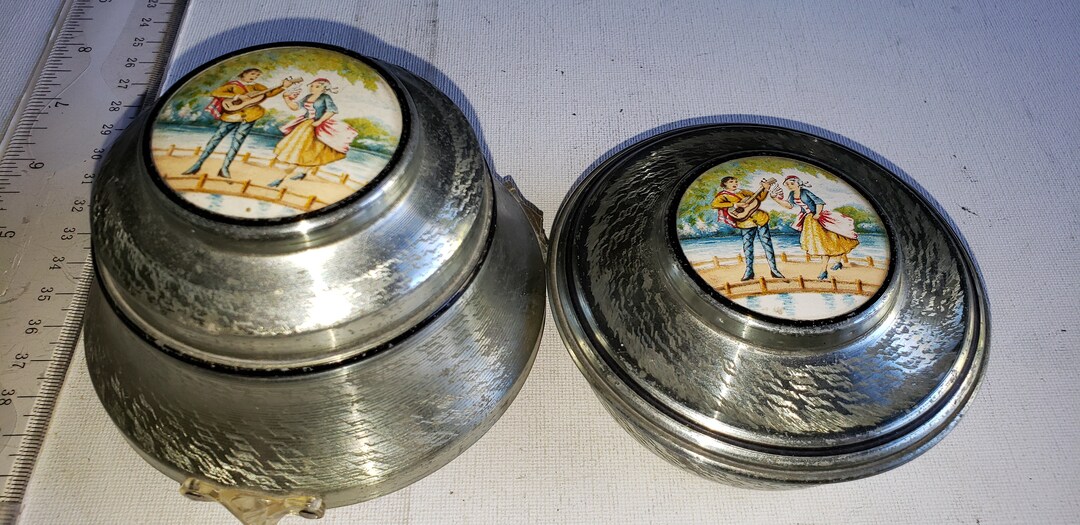 Vintage Metal Powder Puff Holder and Powder Jar Man and Woman on Top ...