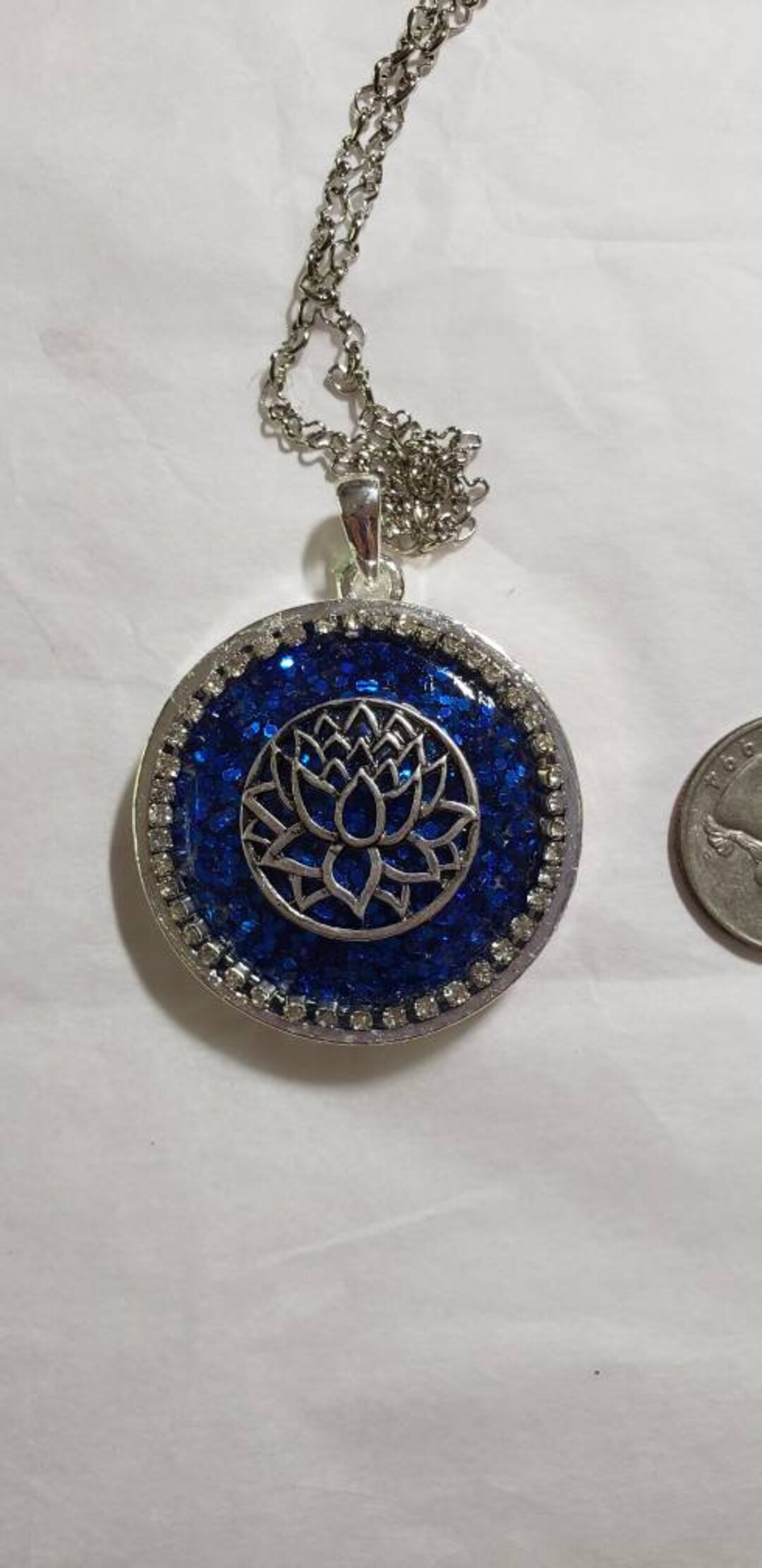 Blue Resin Glitter Round Pendant Blue Rhinestones Lotus Flower Charm 24 ...