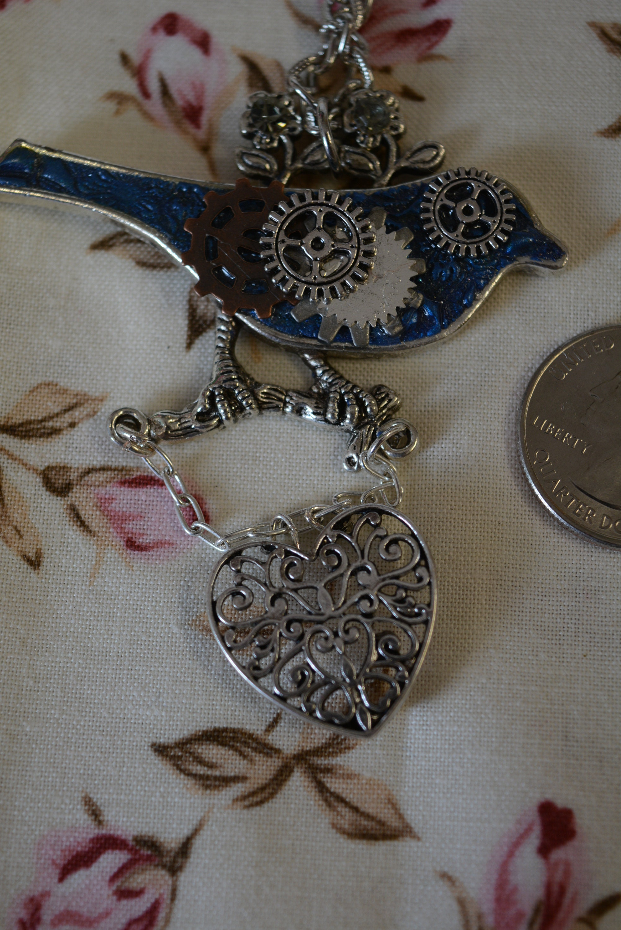 Steampunk Poly Clay Blue Bird Gears Rhinestones Dangle Silver | Etsy