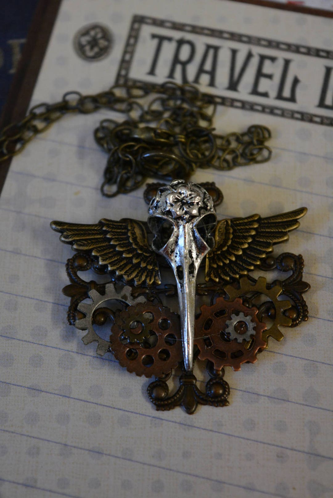 Steampunk Goth Style Pendant Necklace Wings Silver Bird Skull Gears - Etsy