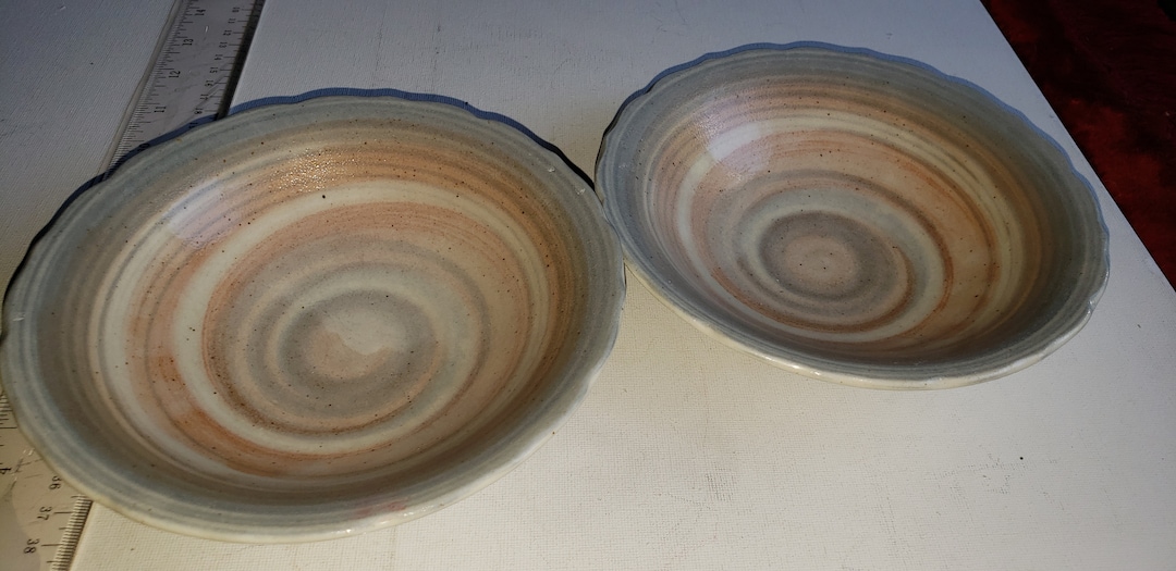 Set of 2 Pottery Bowls Swirl Pattern Asian Characters on Bottom ...