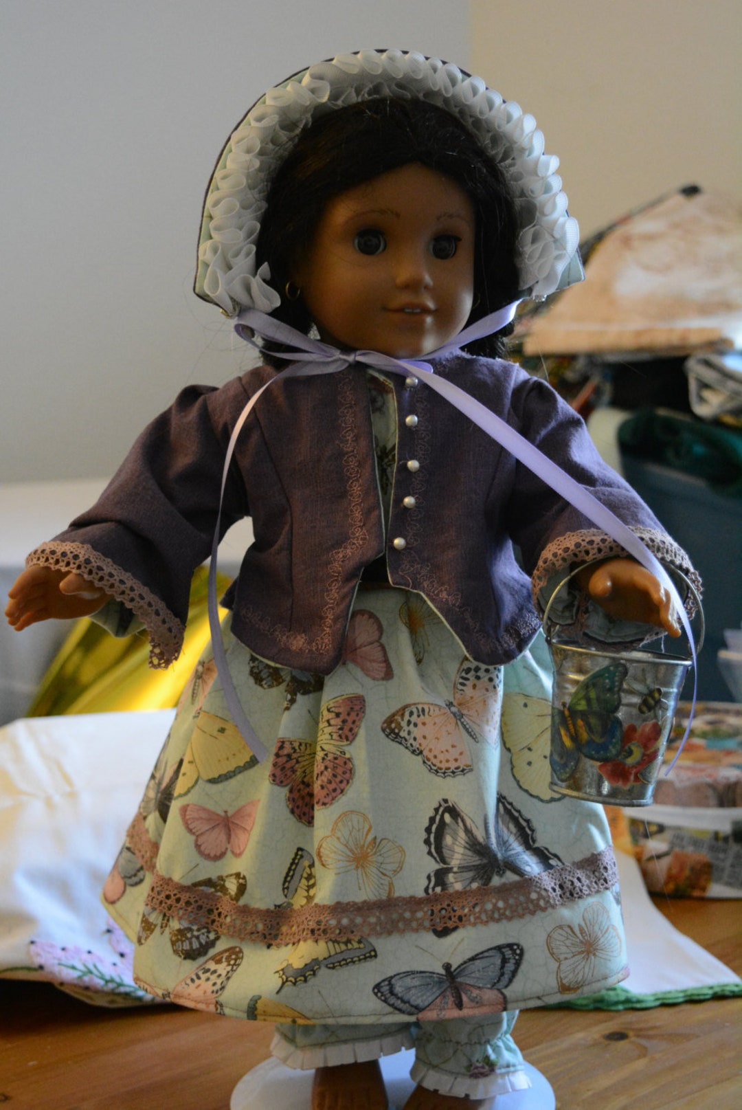 Doll Clothes Dress, Bloomers, Jacket, Bonnet, Flower Bucket Pale Green ...