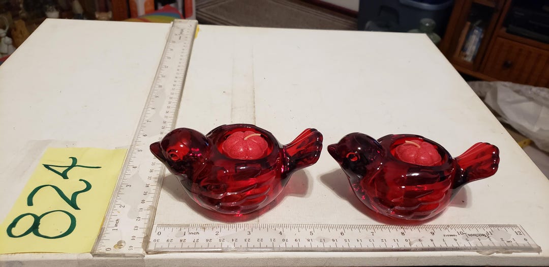 Set of 2 Red Bird Glass Candle Holders Excellent Condition - Etsy