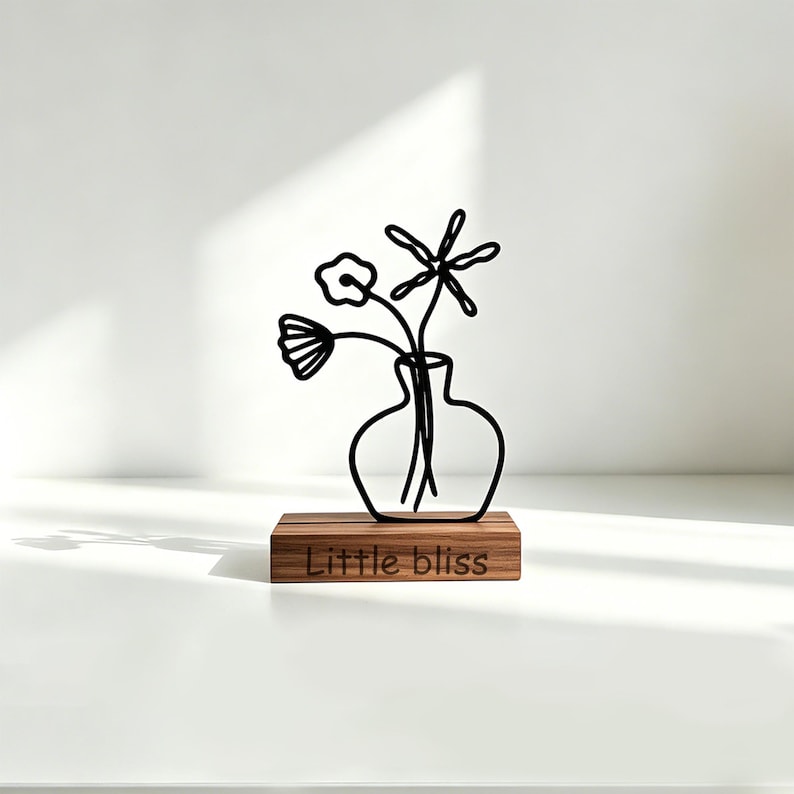 Metal Line Art Vase & Flower Ornament | Natural Wood Base (customizable ...