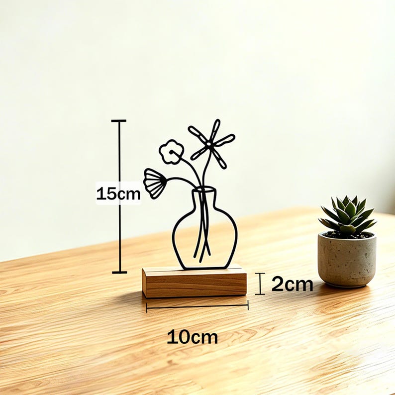 Metal Line Art Vase & Flower Ornament | Natural Wood Base (customizable ...