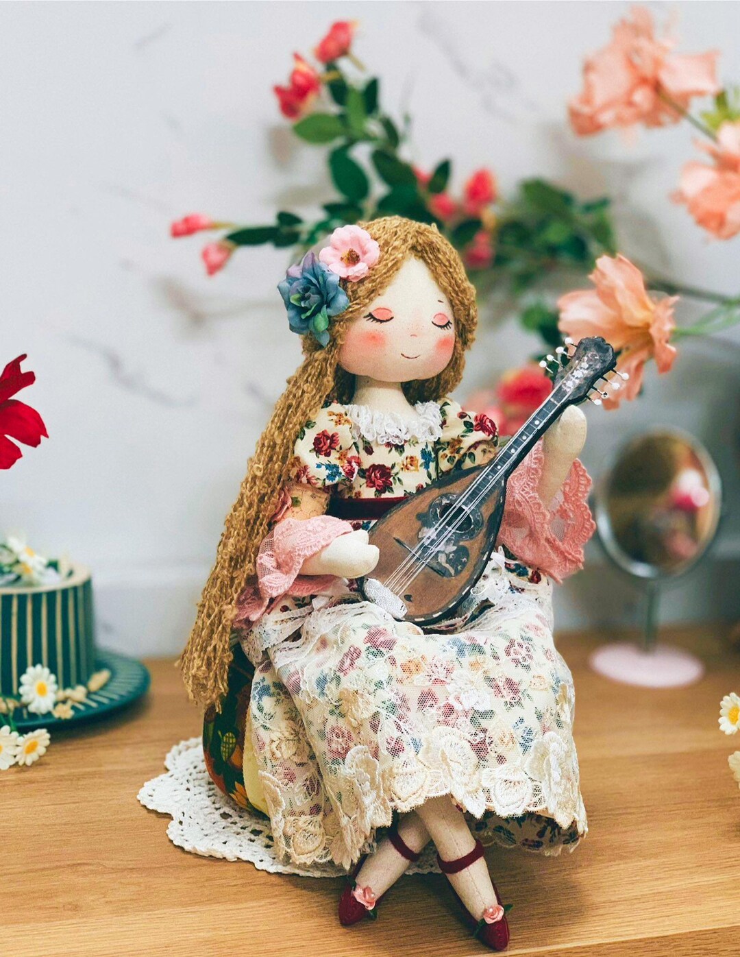 Handmade Linen Doll – Floral Dress Fabric Doll With Mandolin ...