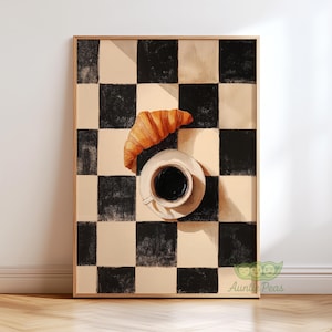 Checkered Coffee and Croissant Print - Etsy