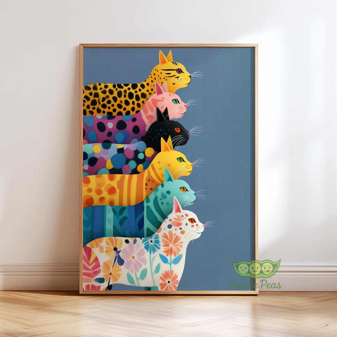 Colorful Patterned Cats Poster, Modern Cat Stack Wall Art, Vibrant ...