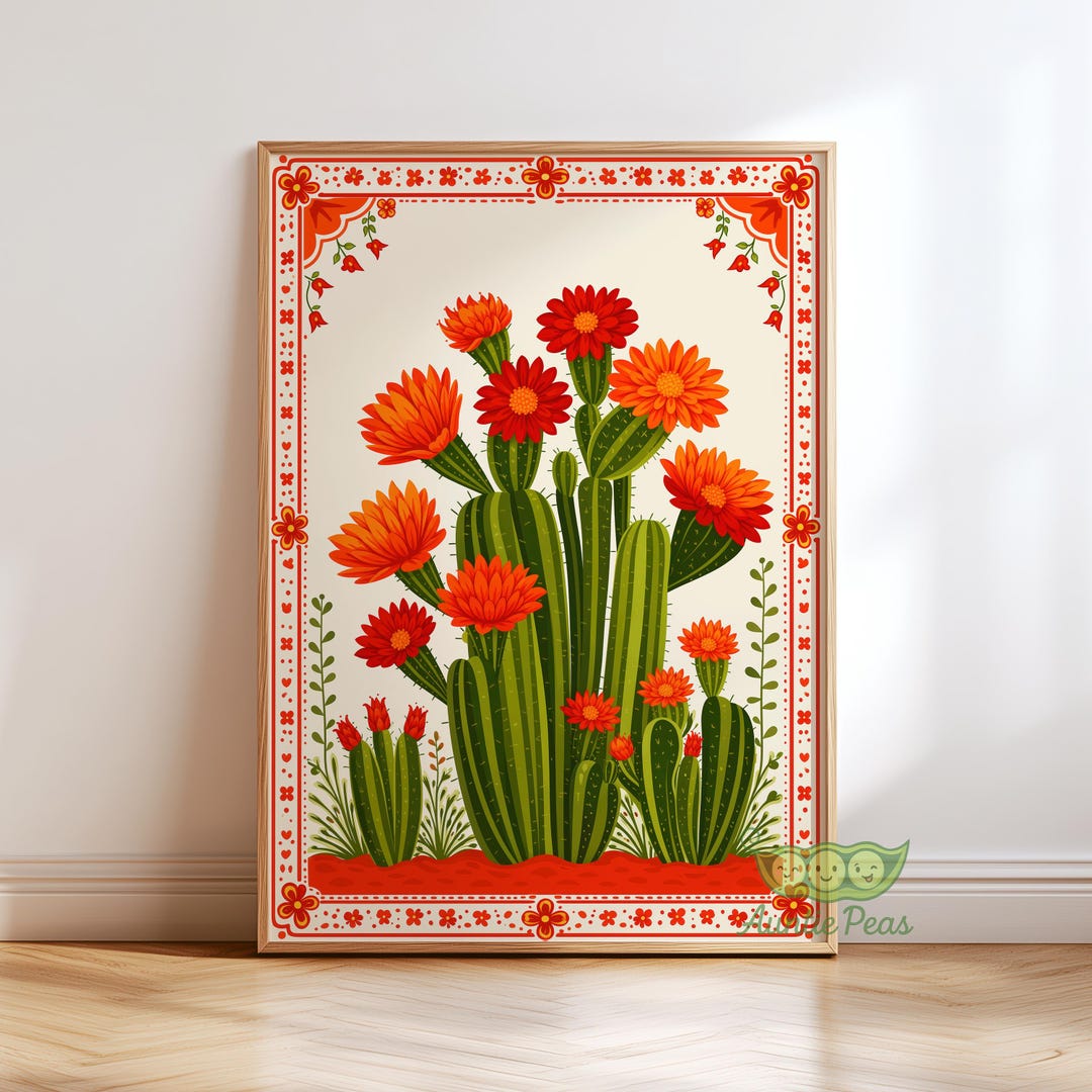 Vintage Mexican Cactus Wall Art, Colorful Folk Floral Cactus Poster ...