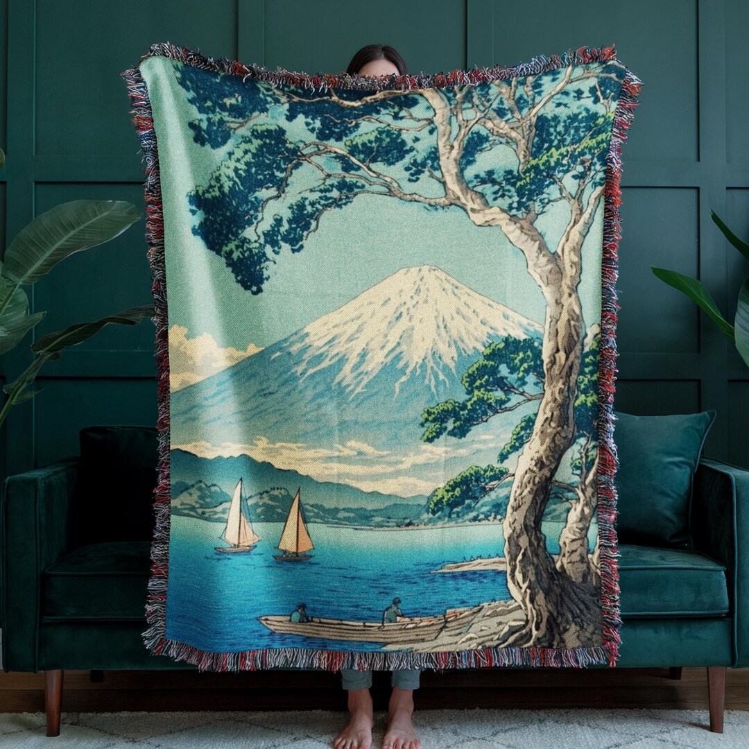 Japanese Mt. Fuji Woven Blanket, Asian Landscape Tapestry Throw, Nature ...