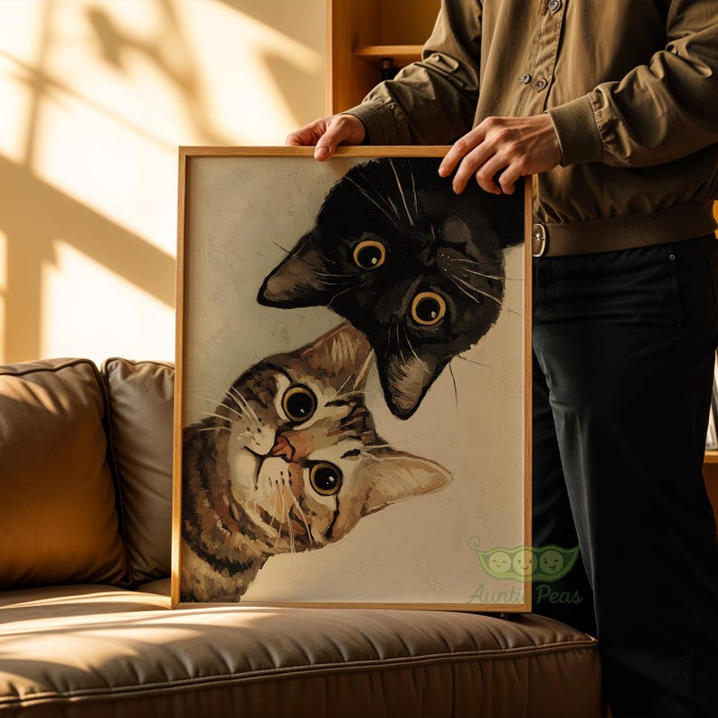 Curious Cats Wall Art, Whimsical Cat Painting, Funny Animal Art Print ...
