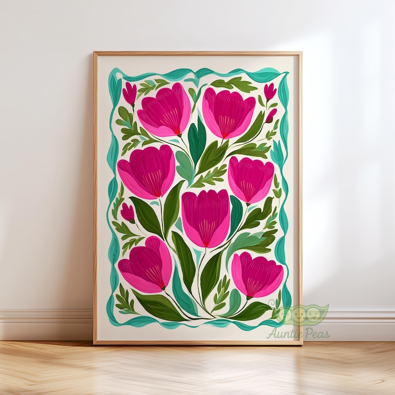 Summer Tulip Art Print, Bright Floral Wall Art, Hand Drawn Flower ...
