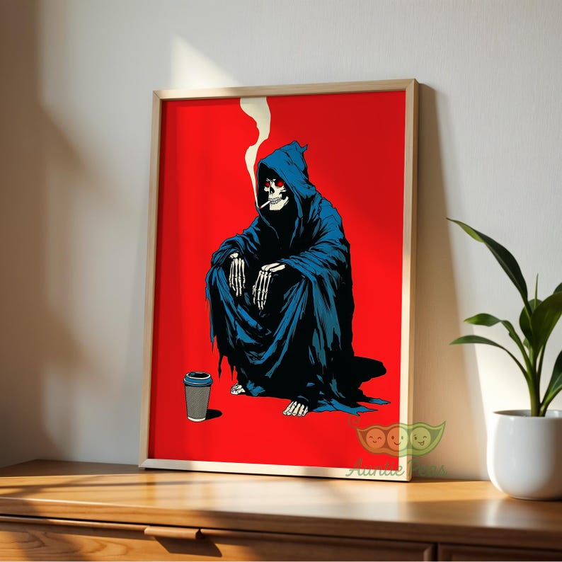 Grim Reaper Smoking Wall Art, Dark Skeleton Poster, Modern Graphic ...