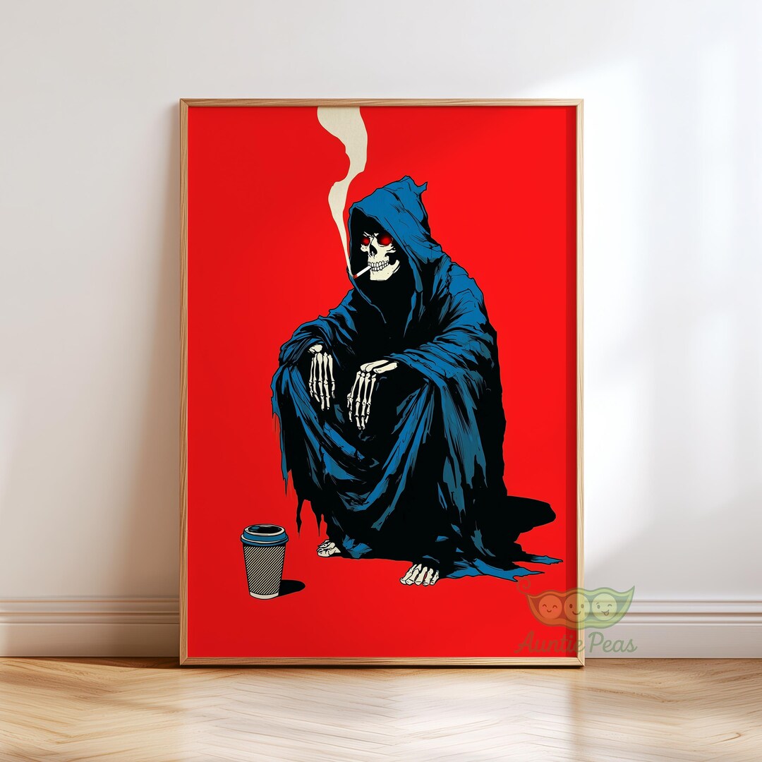 Grim Reaper Smoking Wall Art, Dark Skeleton Poster, Modern Graphic ...