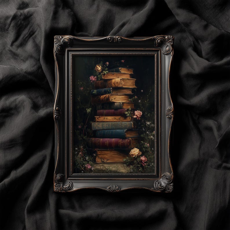 Dark Academia Library Wall Art, Antique Vintage Books and Roses Print ...