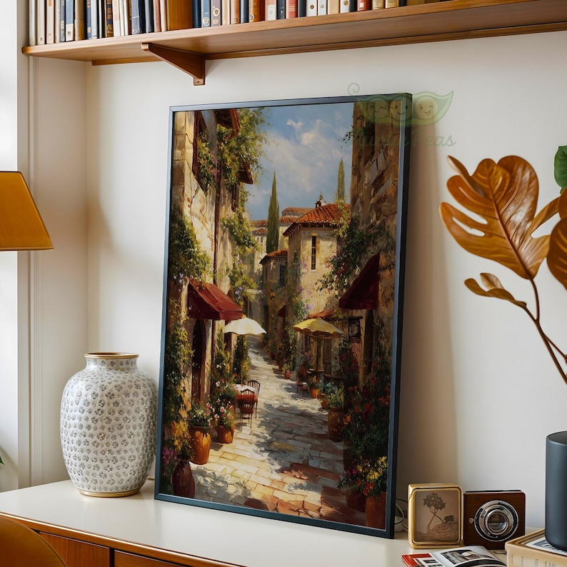 Framed Tuscan Street Wall Art, Italian Village Alleyway Painting ...